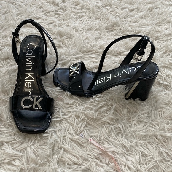 Calvin Klein | Shoes | Calvin Klein Patent Black Block Heel Ankle Strap ...
